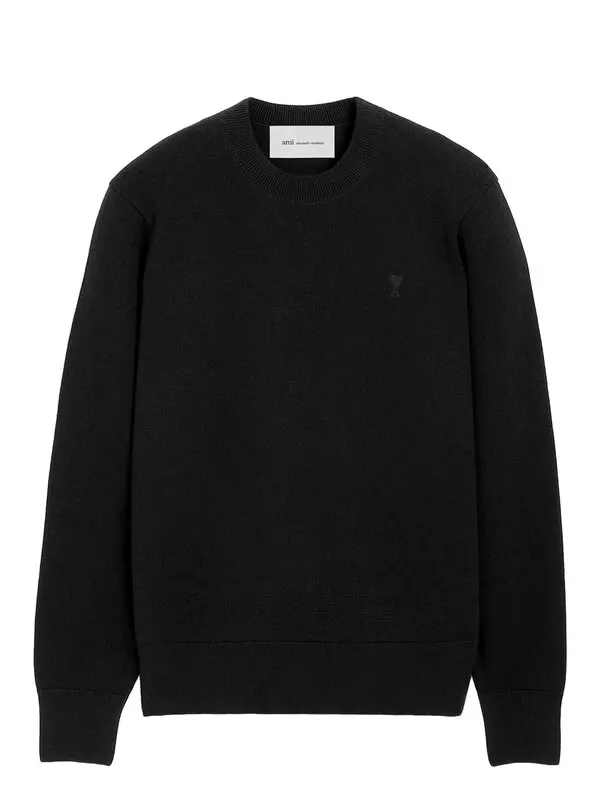 AMI Paris Black Wool Sweater With De Coeur Embroidery - Black/black