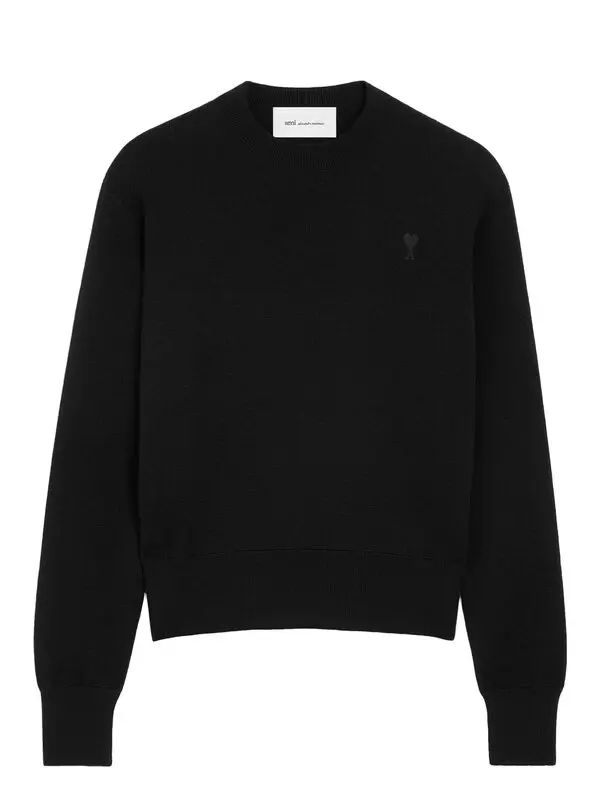AMI Paris Black Wool Crewneck Sweater With De Coeur Embroidery - Black/red