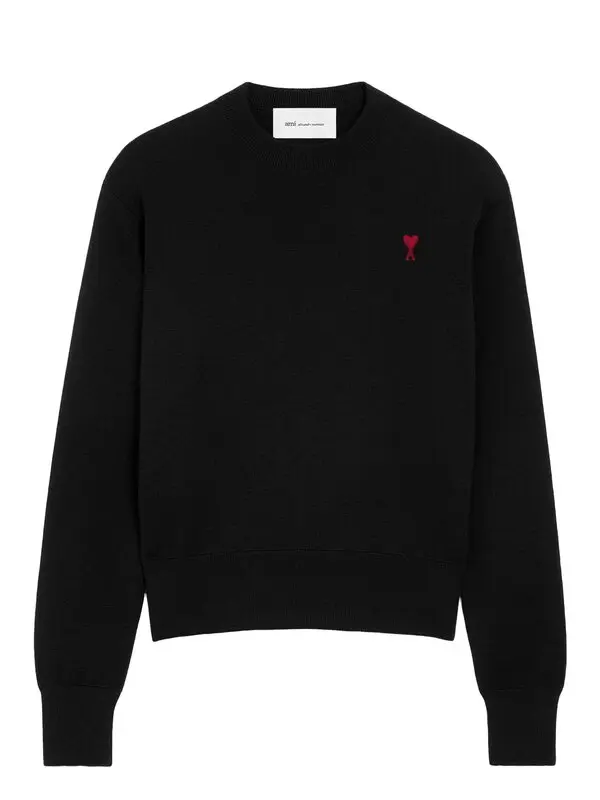 AMI Paris Black Wool Crewneck Sweater With De Coeur Embroidery - Black/red