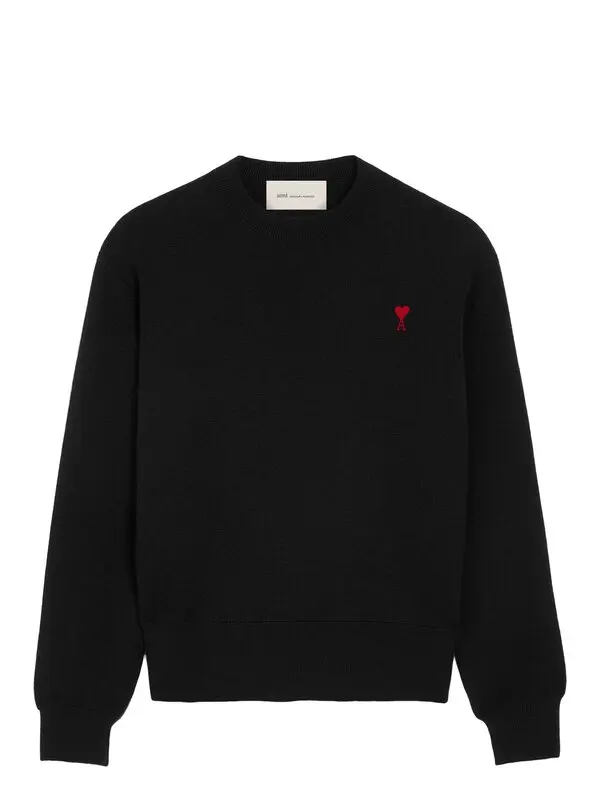 AMI Paris Black Wool Crewneck Sweater With De Coeur Embroidery - Black/red