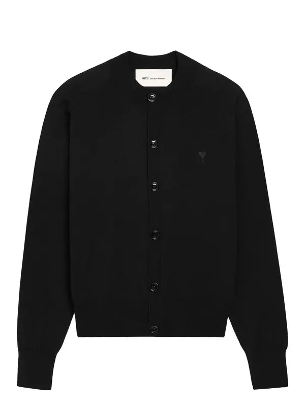 AMI Paris Black Wool Crewneck Cardigan With De Coeur Embroidery - Black/black