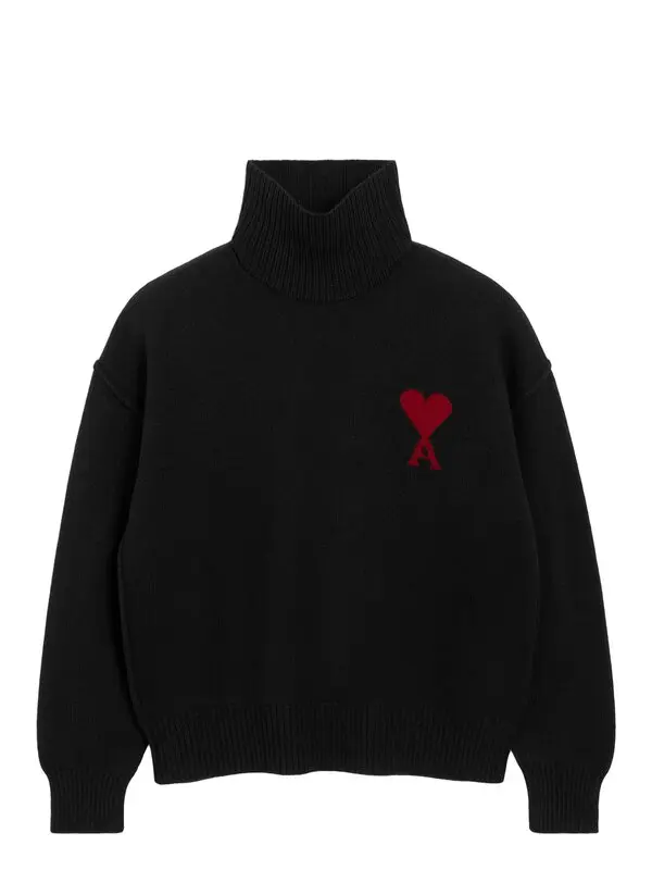 AMI Paris Black Wool Funnel Neck Sweater With De Coeur Detail - Black/red