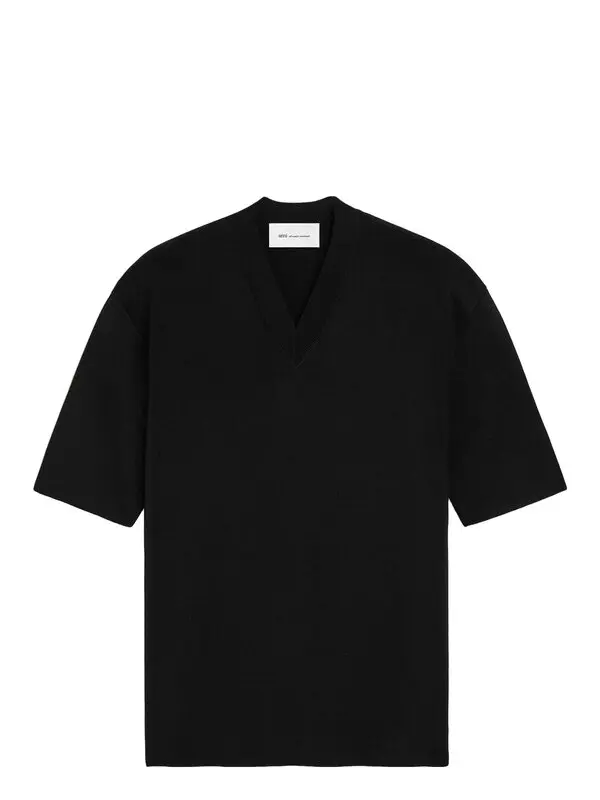 AMI Paris Wool Viscose Double Face Knit V-neck Sweater - Black