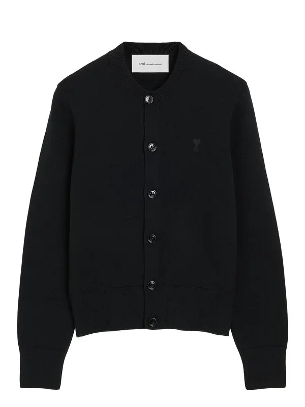 AMI Paris Crewneck Wool Cardigan With De Coeur Embroidery - Black/black