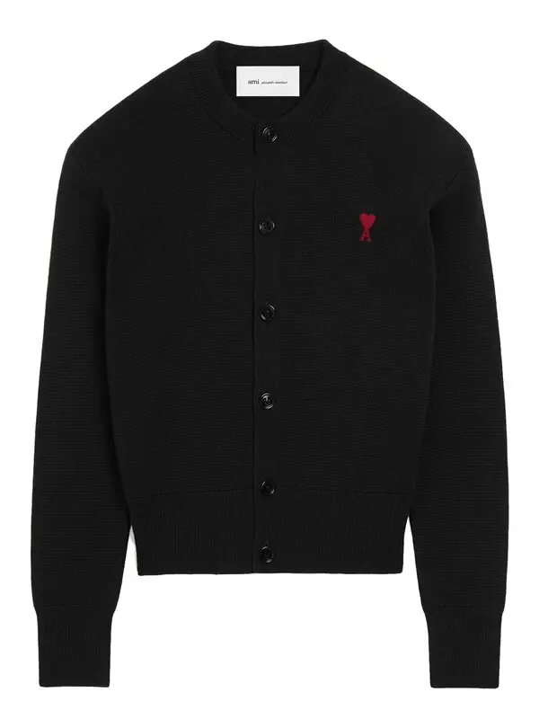 AMI Paris Crewneck Wool Cardigan With De Coeur Embroidery - Black/red