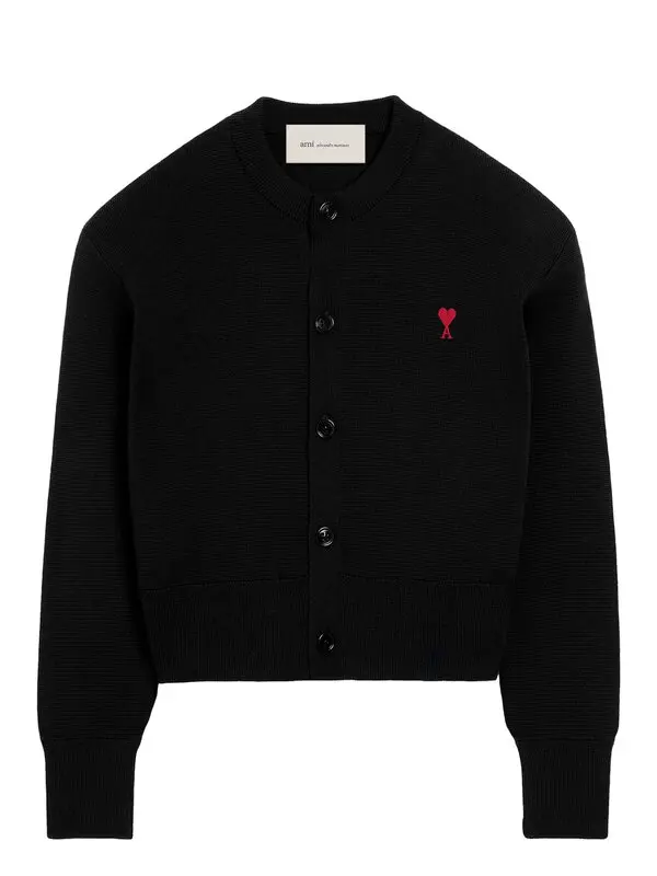 AMI Paris Black Wool Cardigan - Black/red