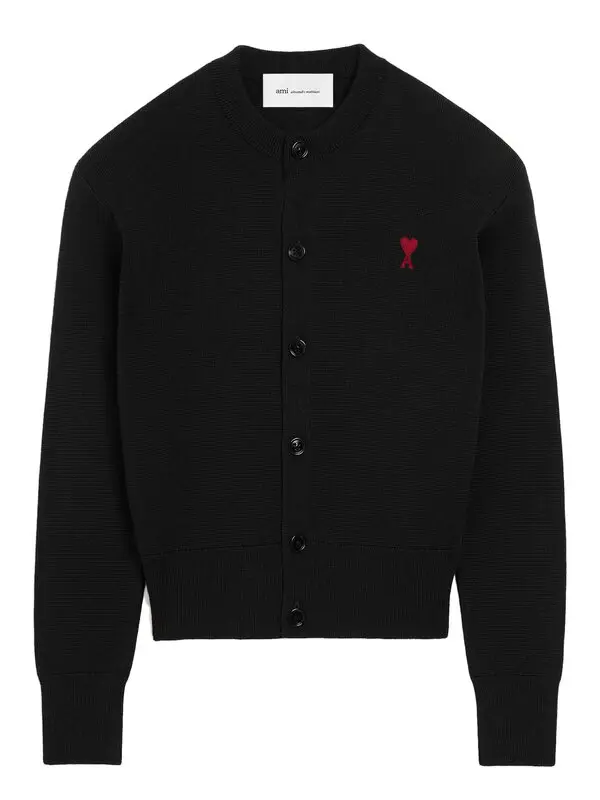 AMI Paris Crewneck Wool Cardigan With De Coeur Embroidery - Black/red