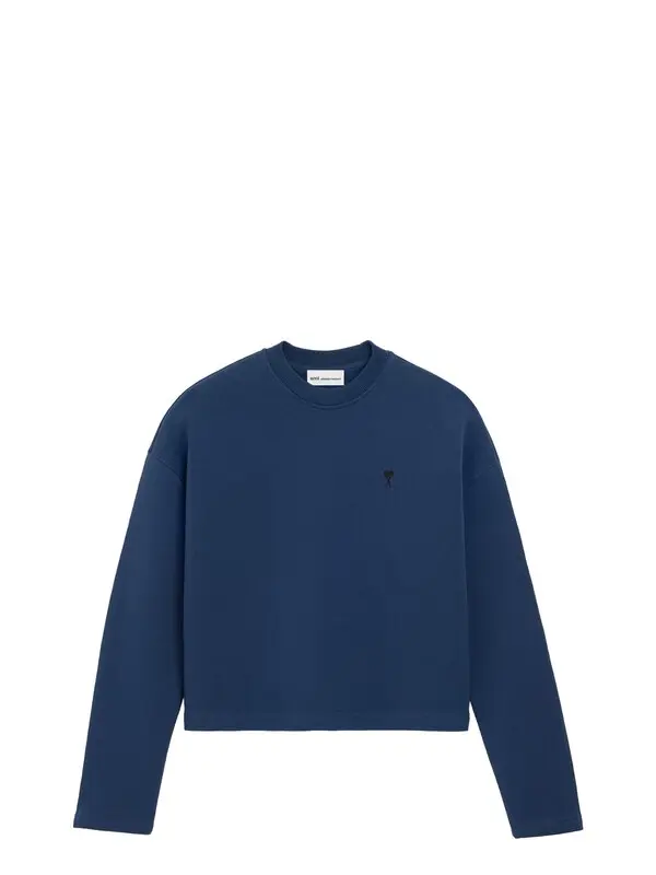 AMI Paris Cropped Cotton Sweatshirt With De Coeur Embroidery - Ink