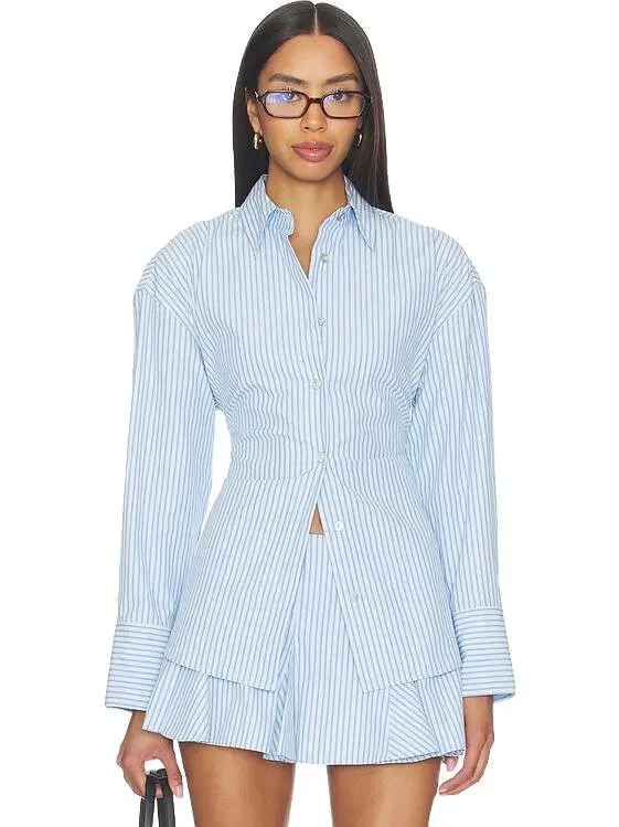 NIA Jules Top With Mother-of-pearl Buttons And Lace-up Detail - Sky