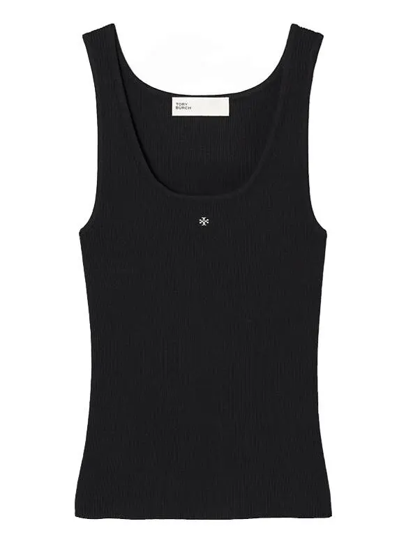 Tory Burch Ribbed Viscose Knit Tank Top With Double T Charm - Black