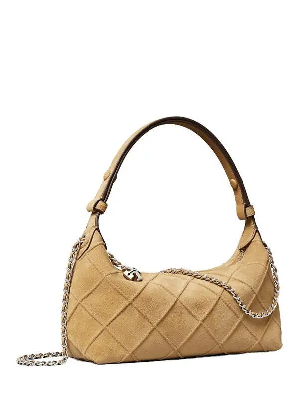 Tory Burch Fleming Suede Pochette With Chain Strap - Stone