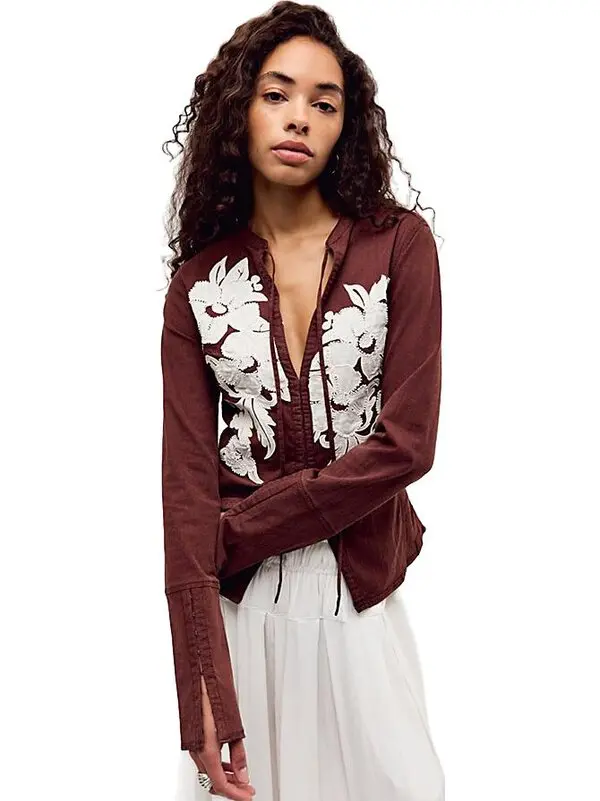 Free People We The Free Festival Nights Embroidered Top - Brown Combo