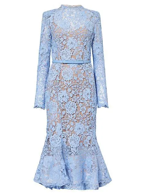 NADINE MERABI Lace Midi Dress With Bow Belt - Blue