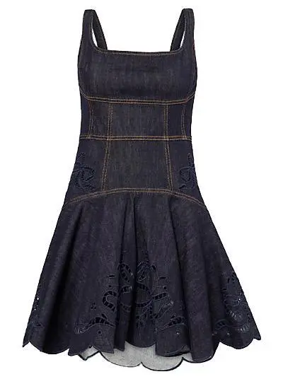 SELF-PORTRAIT Cut-out Bow-embroidered Denim Mini Dress - Blue