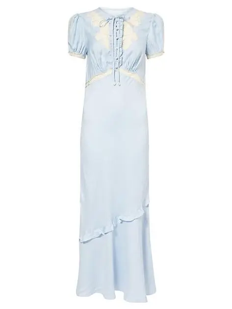 SELF-PORTRAIT Puff-sleeve Lace Insert Satin Midi Dress - Blue