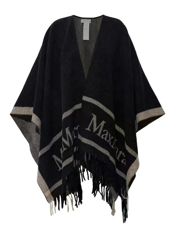 Max Mara Logo Intarsia Fringed Cape - Blue