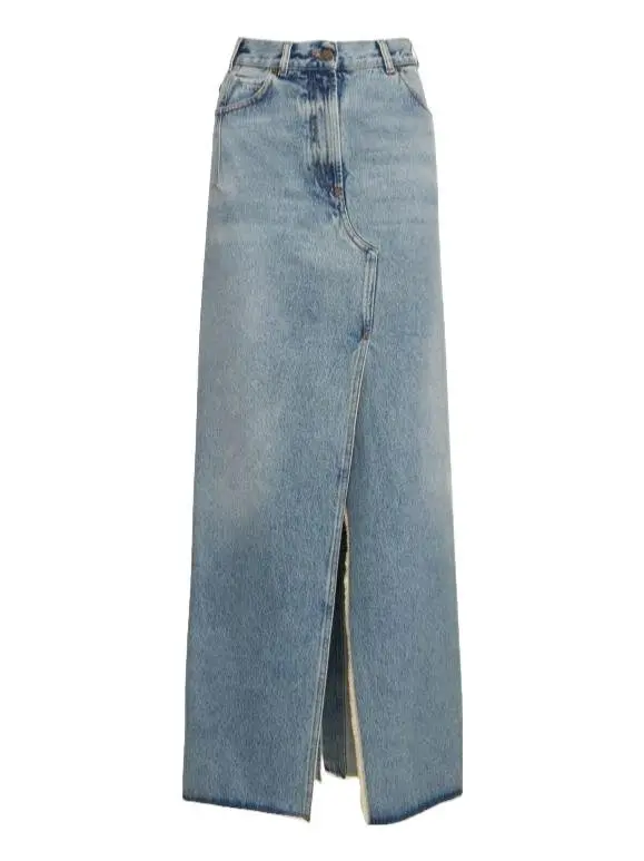 DARKPARK High Waist Denim Maxi Skirt With Frayed Hem - Gray