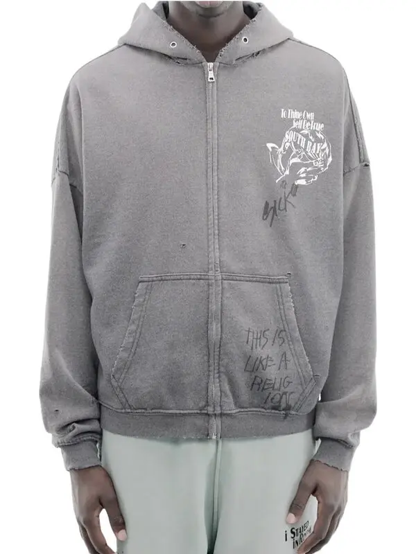 PALY HOLLYWOOD Distressed Zip-up Hoodie - Grey