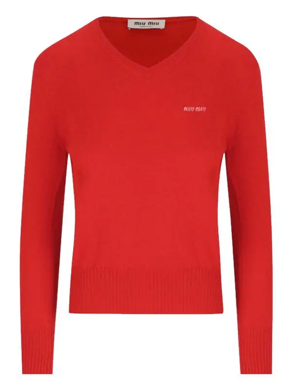 Miu Miu Embroidered Logo V-neck Jumper - Red