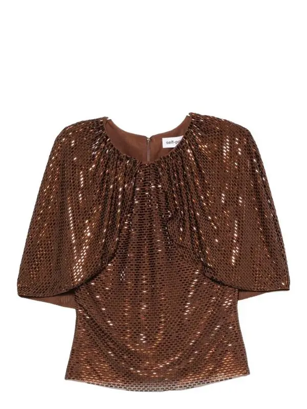 SELF-PORTRAIT Embellished Cape Effect Top - Brown