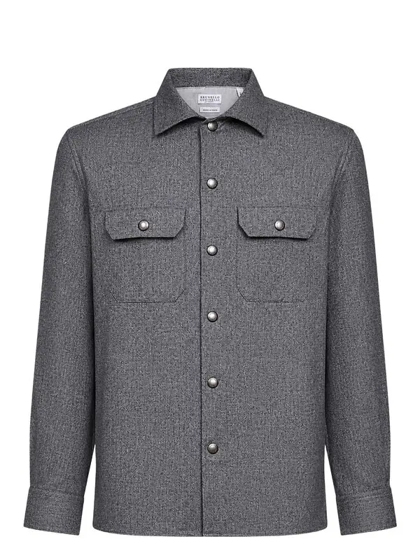 Brunello Cucinelli Virgin Wool Flannel Overshirt With Spread Collar And Chest Pockets - Grey