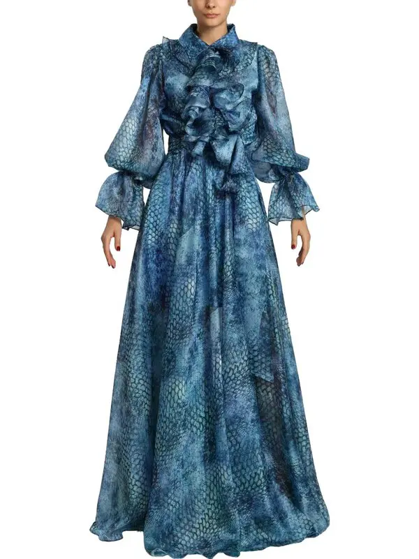 MIAU BY CLARA ROTESCU Oceana Ruffled Snake-print Maxi Dress - Blue