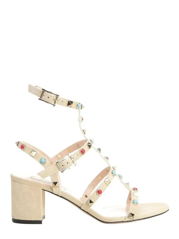 Valentino Garavani Rockstud Suede Sandals With Embellishments - Cream
