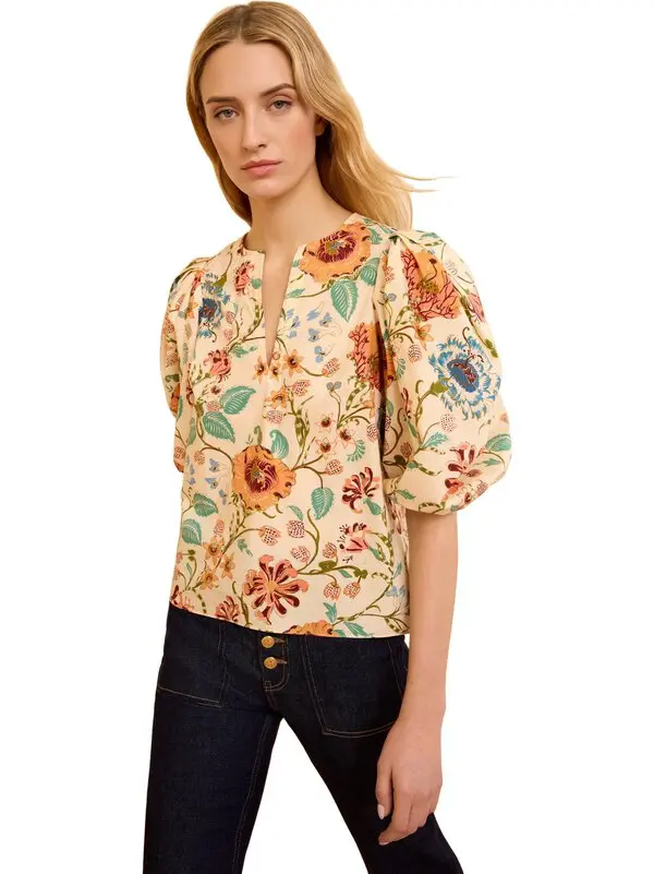 Ulla Johnson Florielle Cotton Poplin Top With Puff Sleeves And Floral Print - Abalone