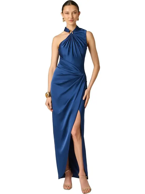 Aidan Mattox Asymmetrical Draped Halter Gown With Metallic Hardware - Navy