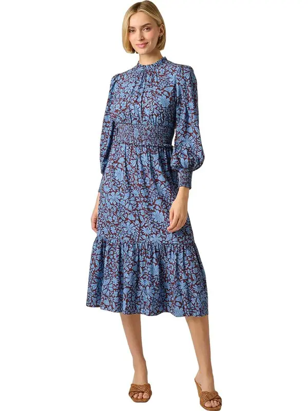 Adrianna Papell Long Sleeve Floral Print Midi Dress - Brown/blue