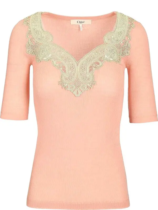 Chloé Wool Rib Knit & Guipure Lace Sweater - Multicolor