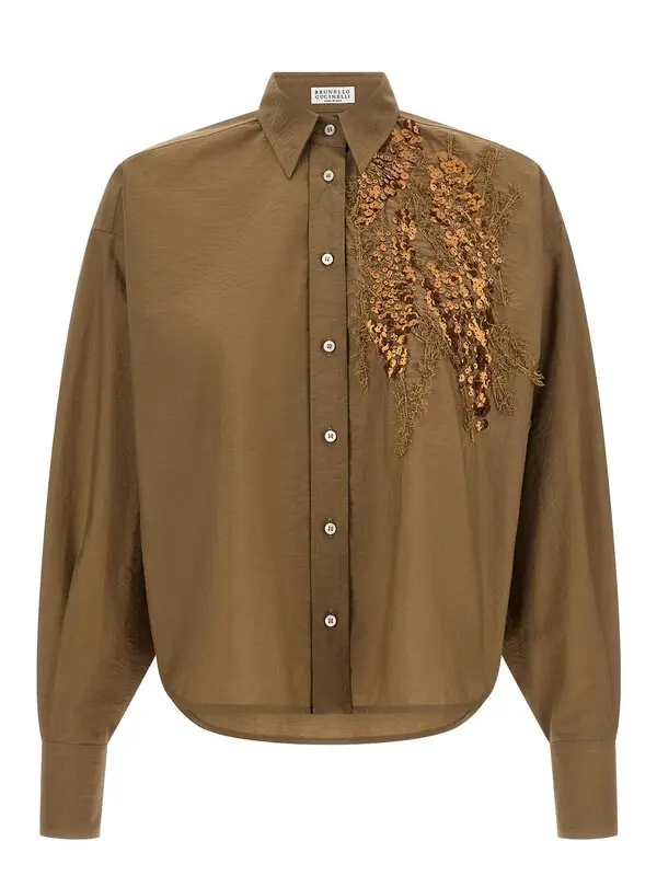 Brunello Cucinelli Embellished Cotton Blend Poplin Shirt - Cream