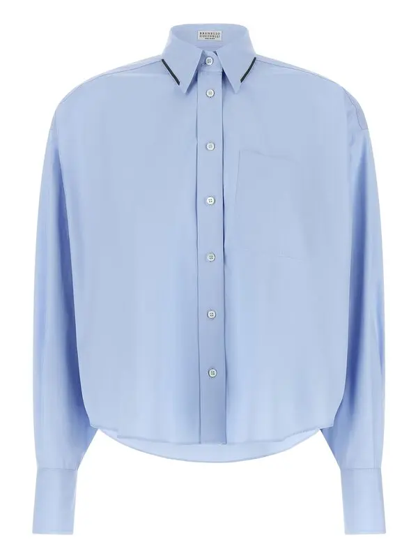 Brunello Cucinelli Cropped Cotton Shirt With Shiny Trim - Blue