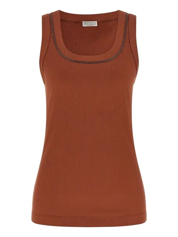 Brunello Cucinelli Ribbed Square Neck Top With Monile Shiny Trim - Brown