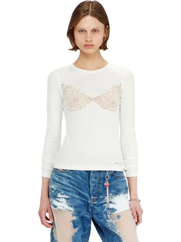 DIESEL® Ribbed Cotton Top With Devoré Lace Effect - White