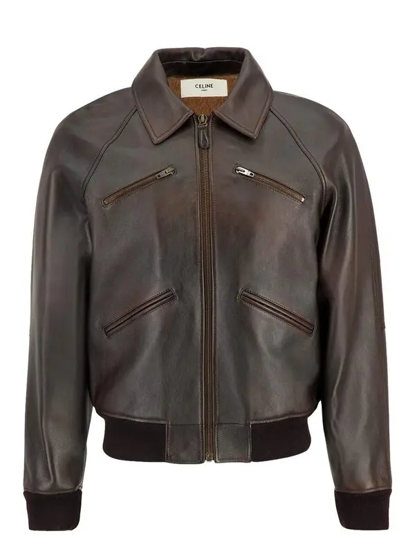 Celine Zipped Leather Bomber Jacket With Front Pockets - Brown