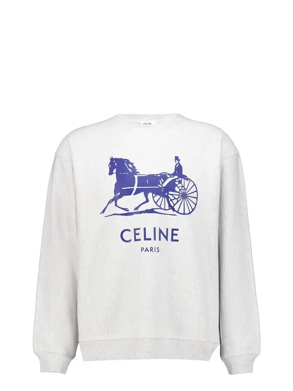 Celine Relaxed Fit Fleece Cotton Sweatshirt With Graphic Logo - Grey