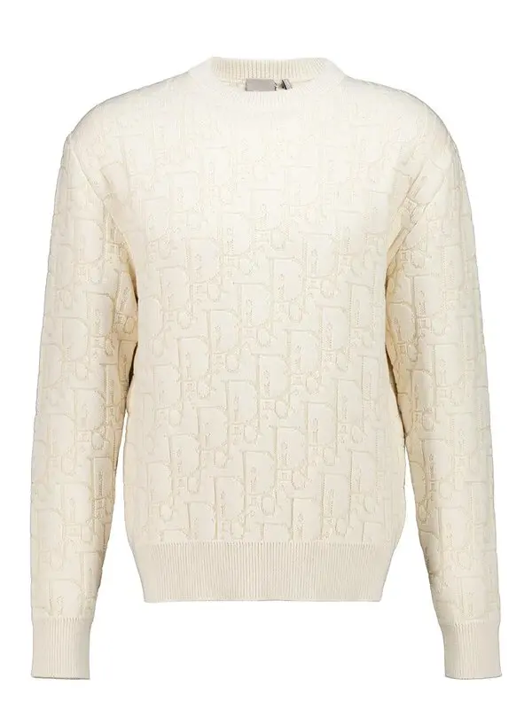 Dior Ribbed Crew Neck Sweater With All-over Jacquard Motif - Beige