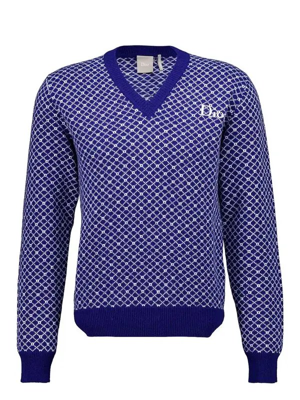 Dior Wool V-neck Sweater With Geometric Pattern - Blue