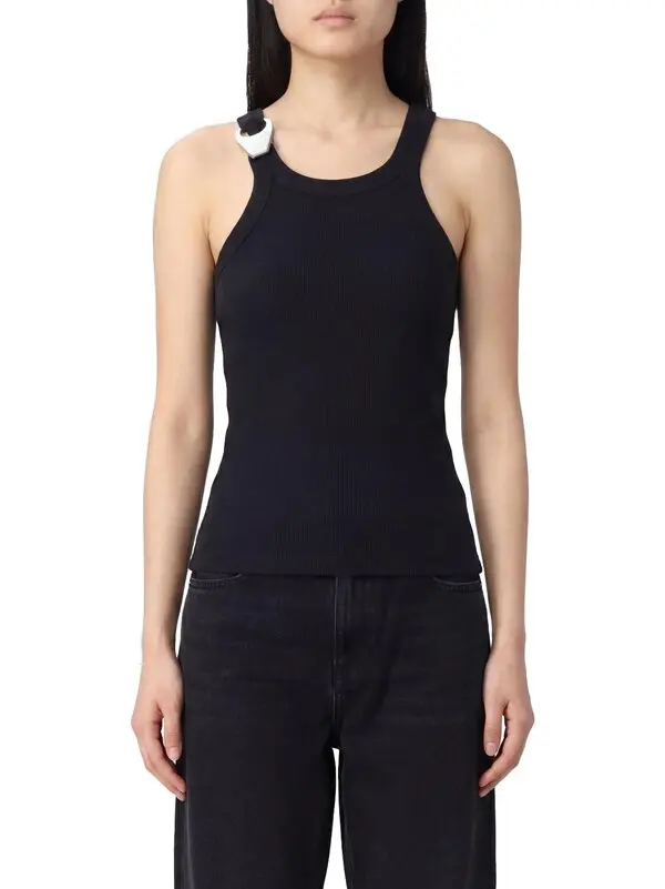 Pinko Ribbed Tank Top With Embellished Shoulder Strap - Black