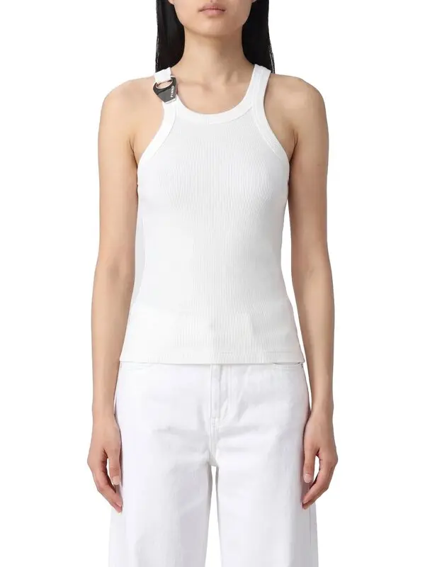 Pinko Ribbed Tank Top With Embellished Shoulder Strap - White
