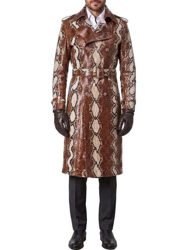 BILLIONAIRE Snake Print Leather Trench Coat - Brown