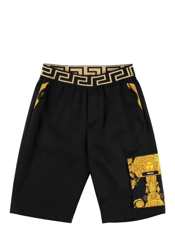 Versace Elastic Waist Shorts With Signature Print - Black