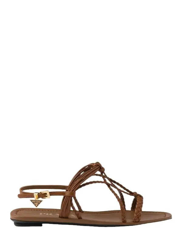 Prada Flat Braided Leather Sandals - Camel