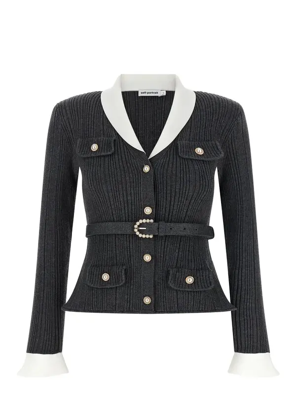 SELF-PORTRAIT Ribbed Cardigan With Jewel Embellishments - Gray