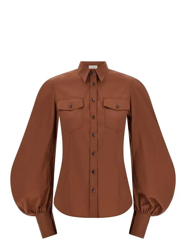 Brunello Cucinelli Stretch Cotton Poplin Shirt With Balloon Sleeves - Brown