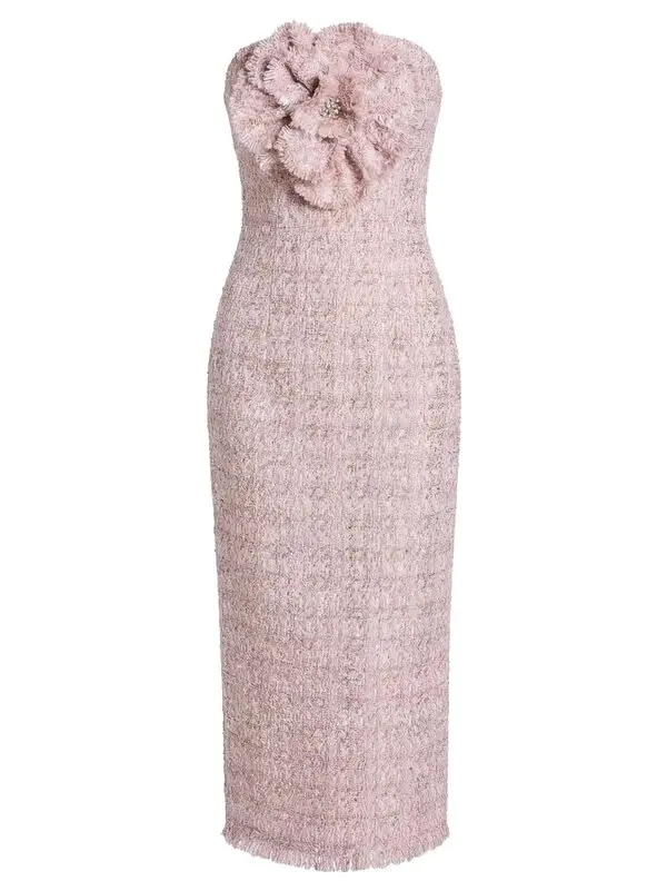 Mac Duggal Strapless Boucle Midi Dress With 3d Flower Embellishment - Pink