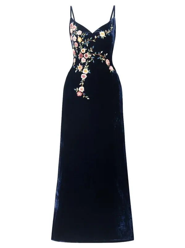 SILK AND BEARS Hand-embroidered Velvet Evening Dress - Blue