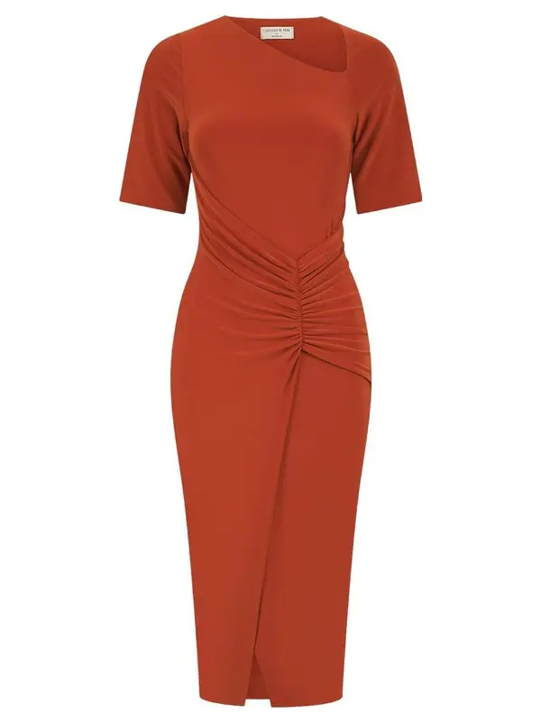 CELESTINE & MAE Asymmetrical Neckline Midi Dress - Orange