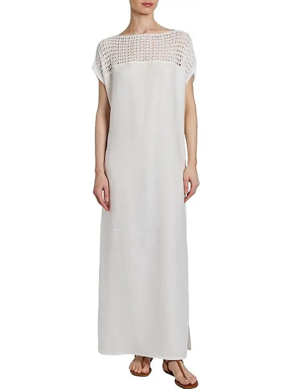 Santorelli Crocheted Cap Sleeve Linen Maxi Dress - Ivory